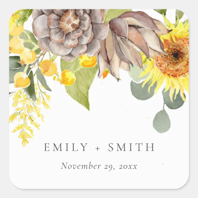 RUSTIC SUNFLOWER EUCALYPTUS PINE FLORAL WEDDING SQUARE STICKER | Zazzle