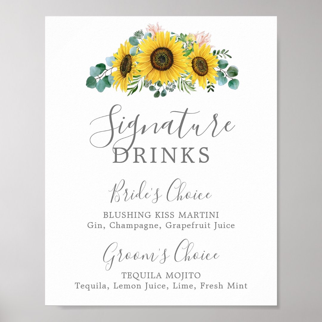 Rustic Sunflower Eucalyptus Signature Drinks Sign | Zazzle