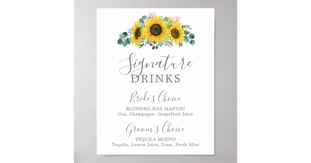 Rustic Sunflower Eucalyptus Signature Drinks Sign | Zazzle