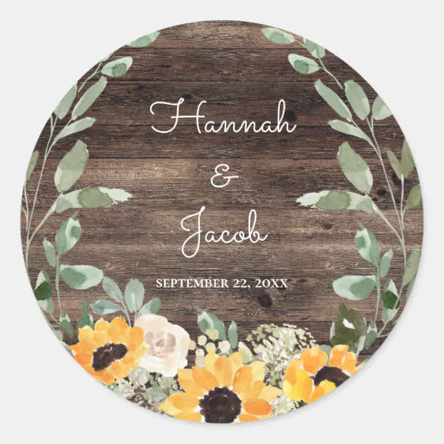 Rustic Sunflower Eucalyptus Wedding Favor Classic Round Sticker | Zazzle