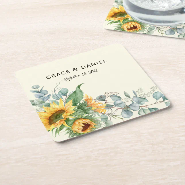 Rustic Sunflower Eucalyptus Wedding Favor Square Paper Coaster | Zazzle