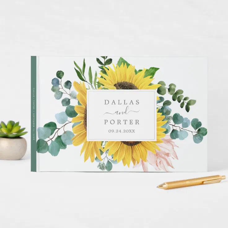 Rustic Sunflower Eucalyptus Wedding Guest Book | Zazzle