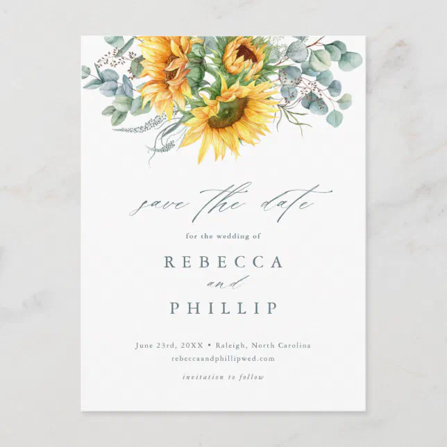 Rustic Sunflower Eucalyptus Wedding Save The Date Announcement Postcard ...