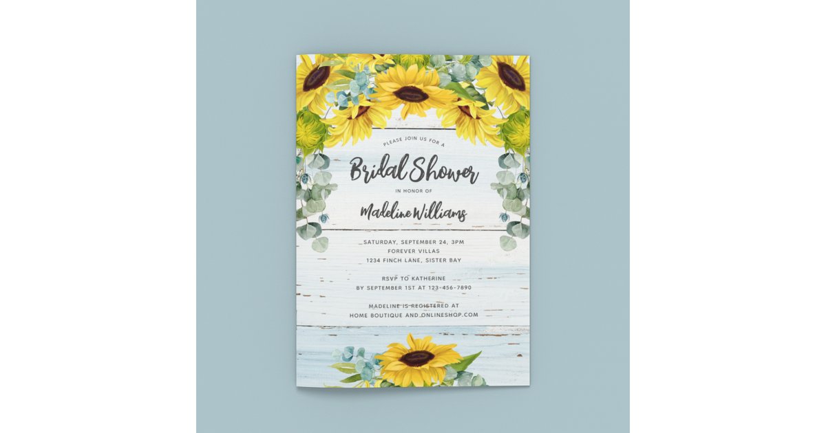 Rustic Sunflower Eucalyptus Wood Bridal Shower Invitation | Zazzle