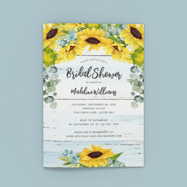 Rustic Sunflower Eucalyptus Wood Bridal Shower Invitation | Zazzle
