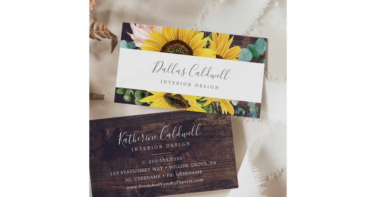 Rustic Sunflower Eucalyptus | Wood Business Card | Zazzle