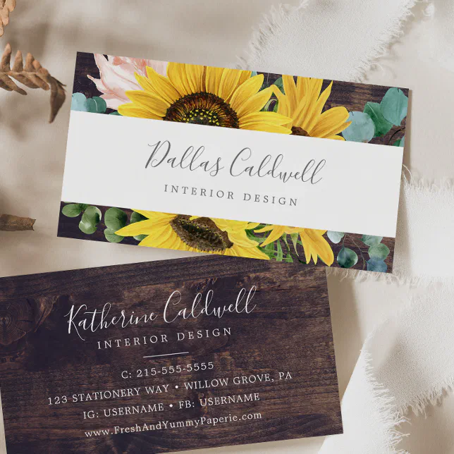 Rustic Sunflower Eucalyptus | Wood Business Card | Zazzle