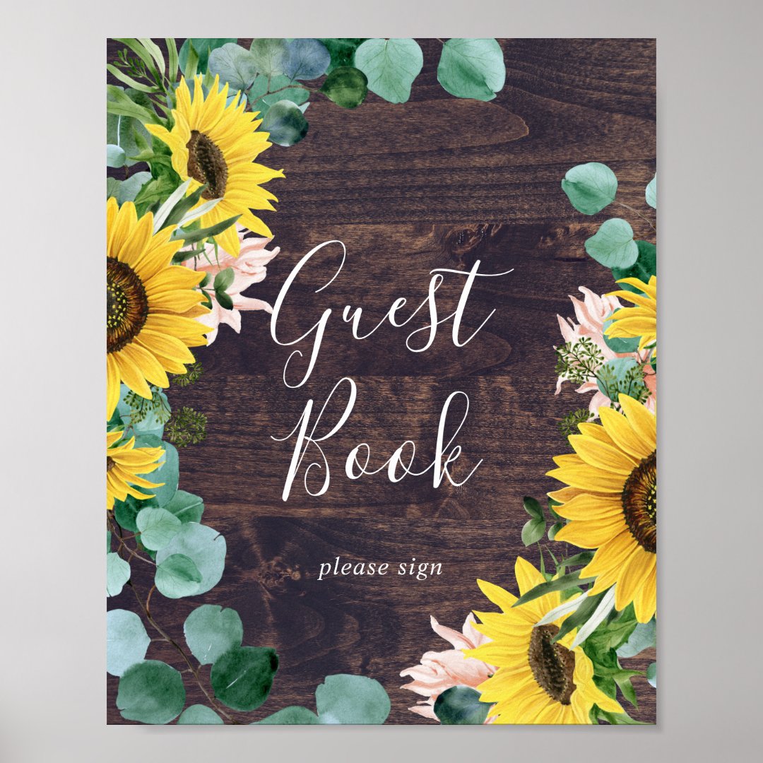 Rustic Sunflower Eucalyptus | Wood Guest Book Sign | Zazzle
