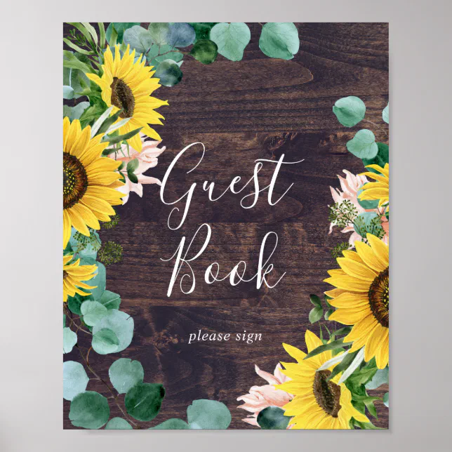 Rustic Sunflower Eucalyptus | Wood Guest Book Sign | Zazzle