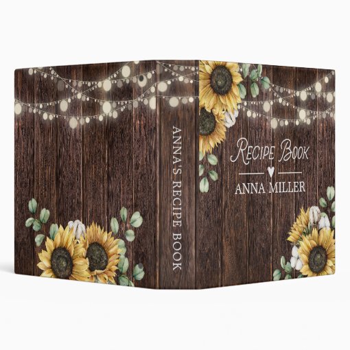 Rustic Sunflower Eucalyptus Wood Recipe Cookbook 3 Ring Binder | Zazzle