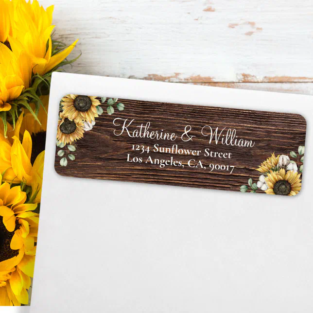 Rustic Sunflower Eucalyptus Wooden Return Address Label | Zazzle
