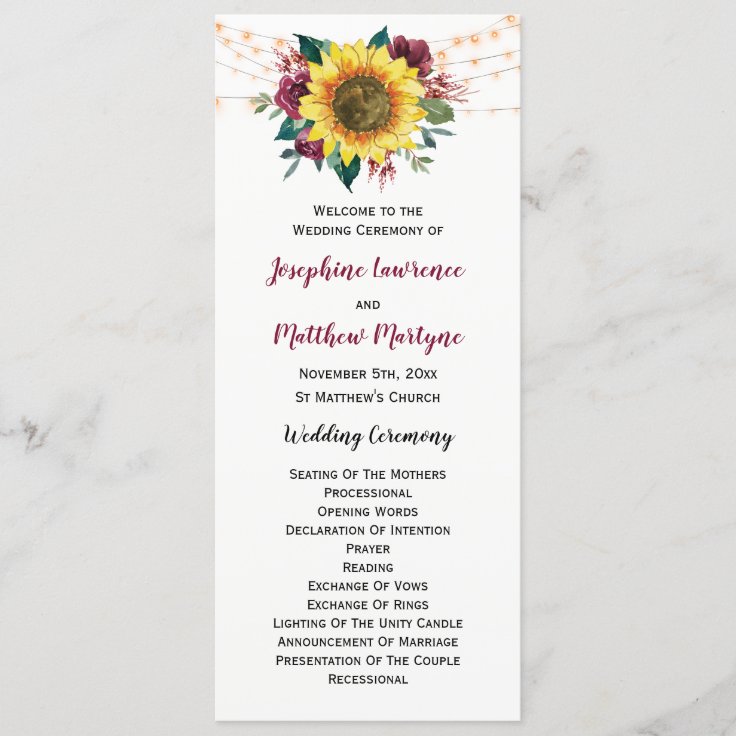 Rustic Sunflower Floral Lights Wedding Program | Zazzle