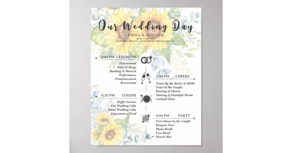 Rustic Sunflower Floral Timeline Wedding Program Poster | Zazzle