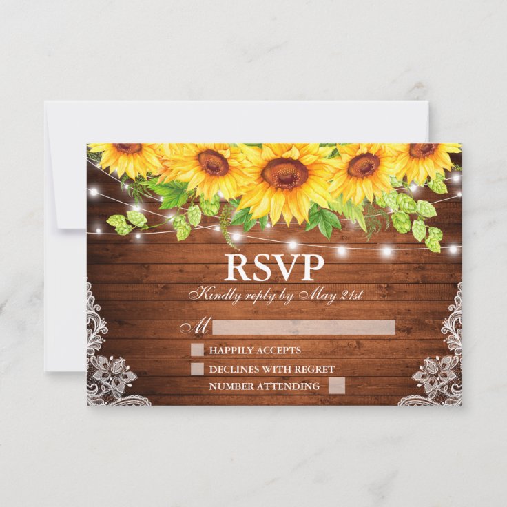 Rustic Sunflower Floral Wood Lights Lace RSVP | Zazzle