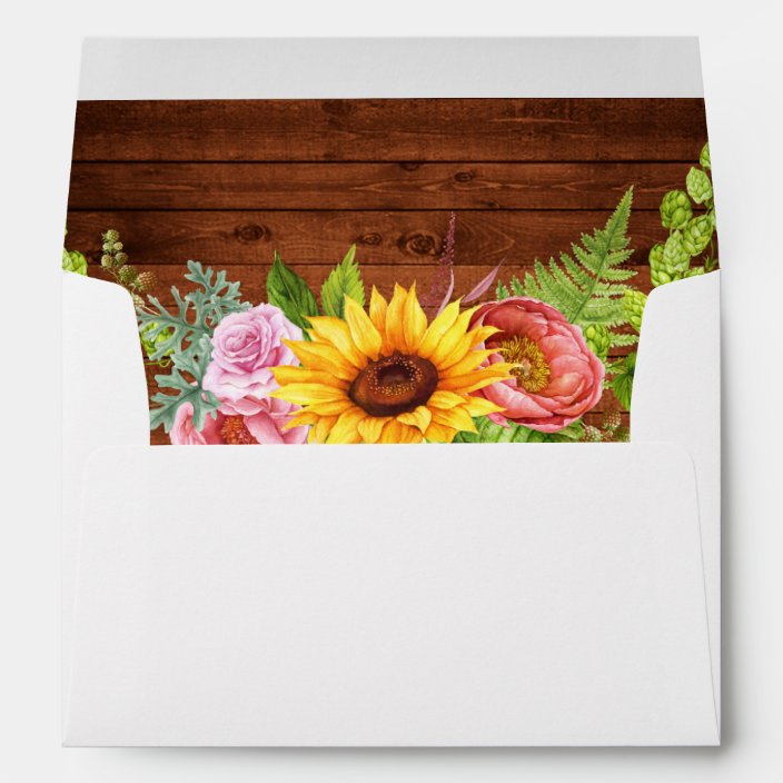 Rustic Sunflower Floral Wood Wedding Envelope | Zazzle.com