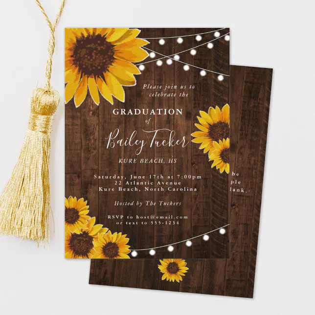Rustic Sunflower Graduation Party String Lights Invitation | Zazzle