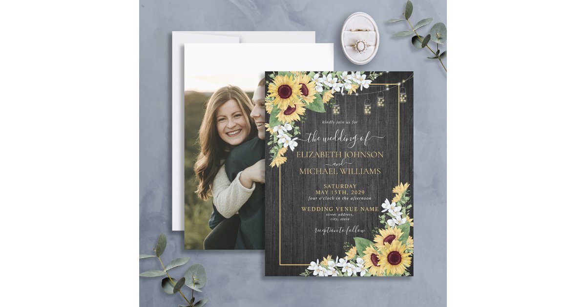 Rustic Sunflower & Gray Floral Wood Photo Wedding Invitation | Zazzle