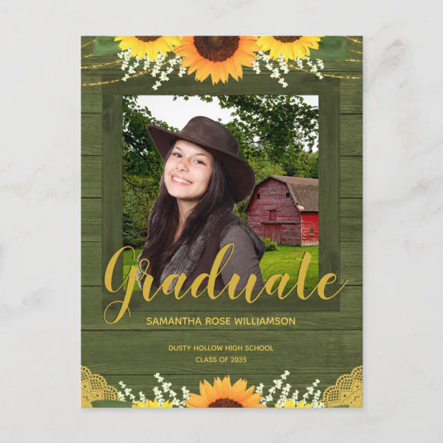 Rustic Sunflower Green and Gold Photo Graduation Announcement Postcard ...