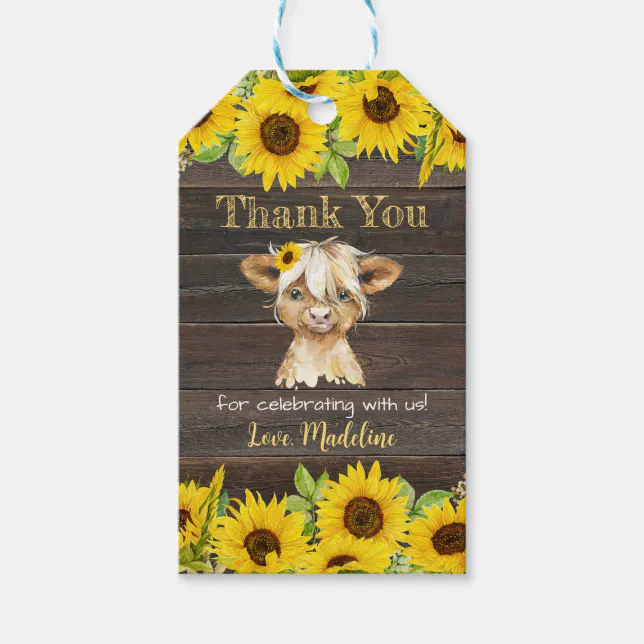 Rustic Sunflower Highland Cow Thank You Favor Gift Tags | Zazzle