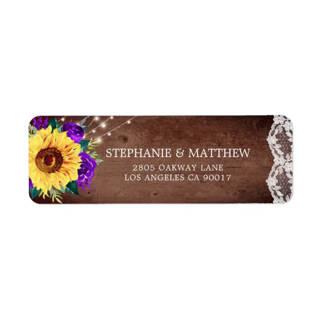 Rustic Sunflower Lace Purple Floral Wood Lights Label | Zazzle