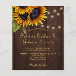 Rustic sunflower lights barn wood budget wedding flyer | Zazzle