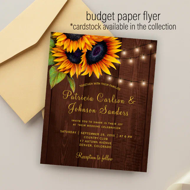 Rustic sunflower lights barn wood budget wedding flyer | Zazzle