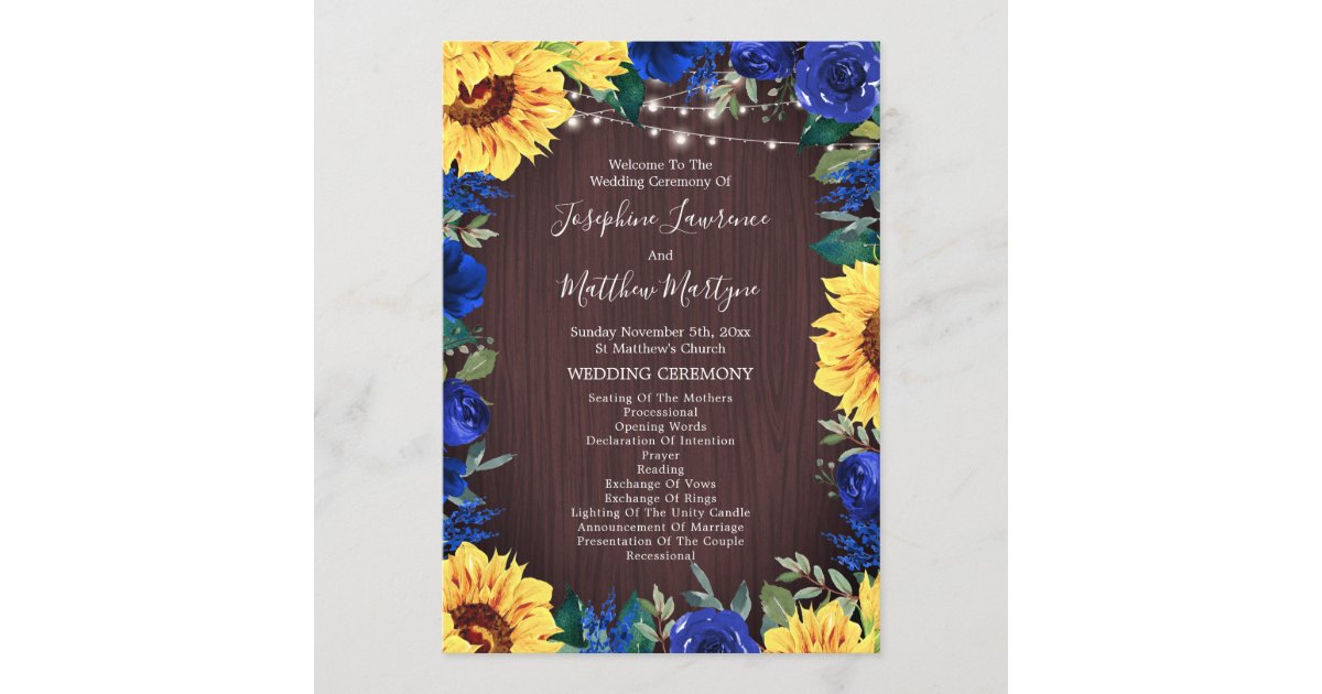 Rustic Sunflower Lights Blue Floral Border Wedding Program | Zazzle