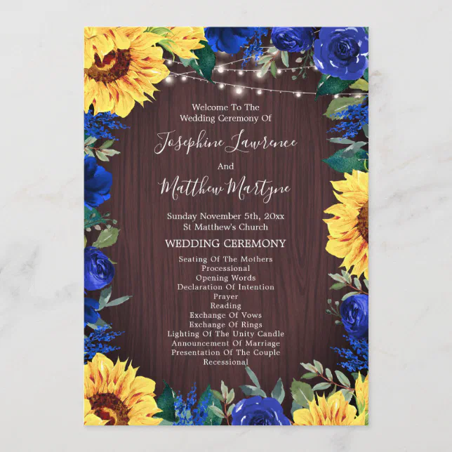 Rustic Sunflower Lights Blue Floral Border Wedding Program | Zazzle