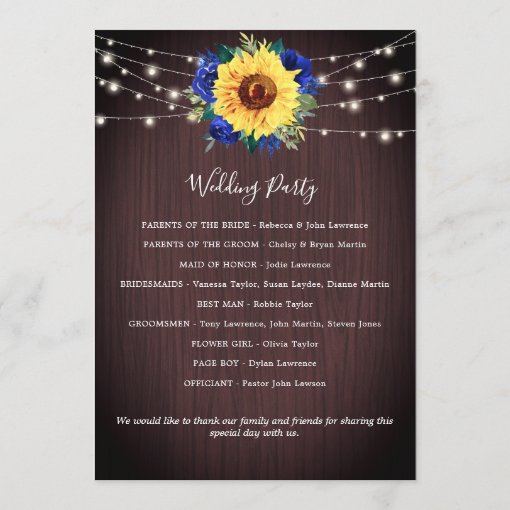 Rustic Sunflower Lights Blue Floral Border Wedding Program | Zazzle