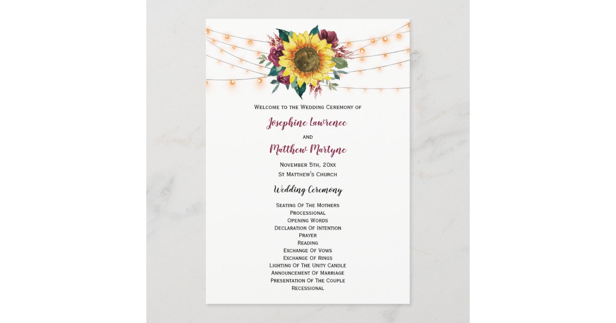 Rustic Sunflower Lights Floral Wedding Program | Zazzle
