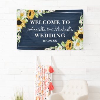 Rustic Sunflower Navy Blue Wood Background Wedding Banner | Zazzle