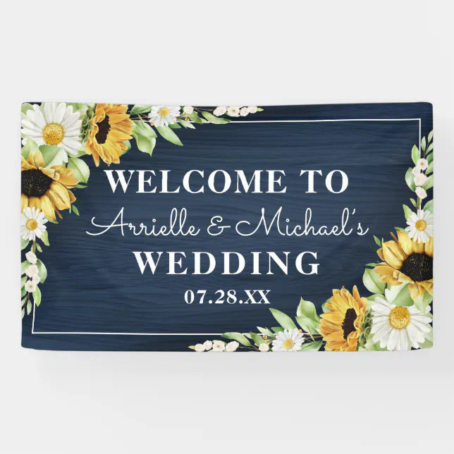 Rustic Sunflower Navy Blue Wood Background Wedding Banner | Zazzle
