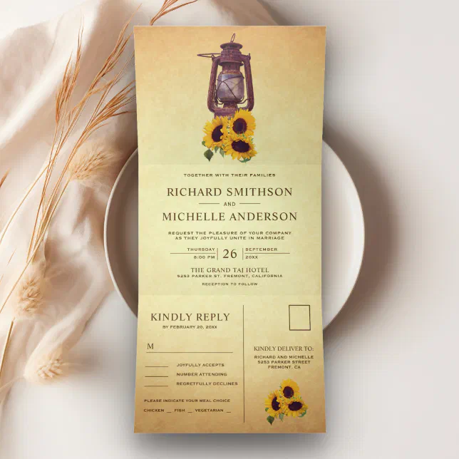 Rustic Sunflower Oil Lantern All in One Wedding Tri-Fold Invitation ...