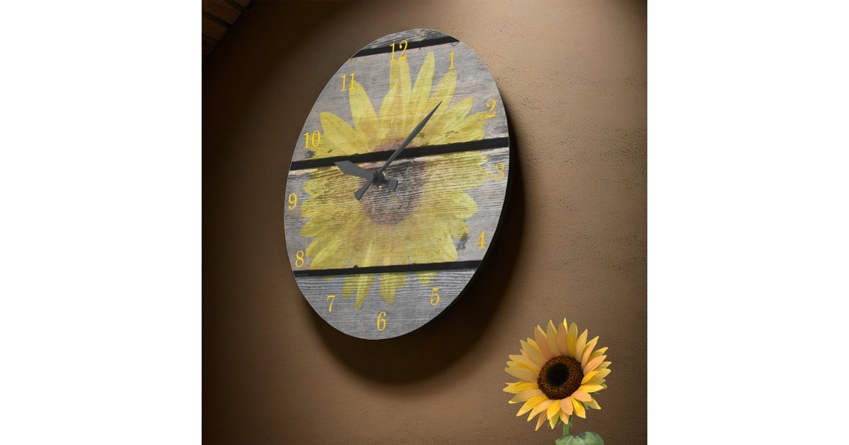 Rustic Sunflower On Wood Large Clock | Zazzle