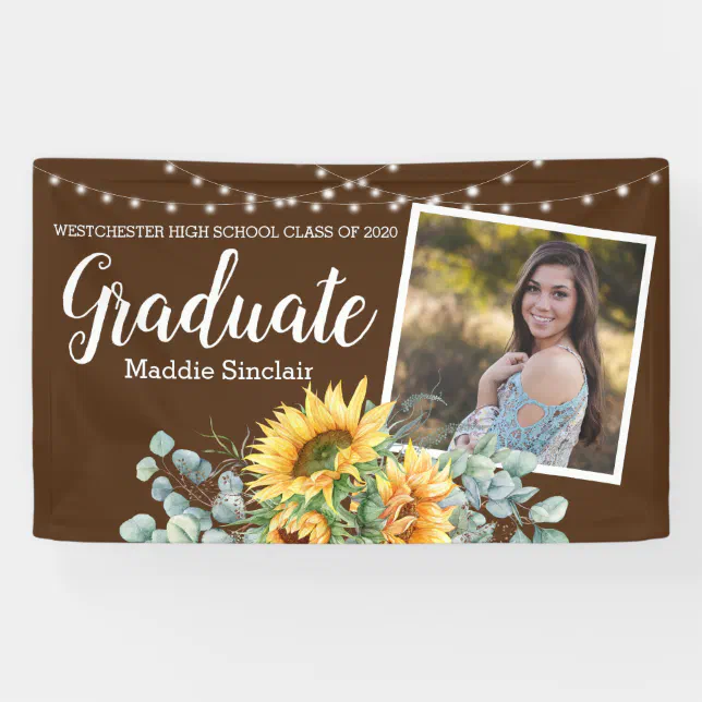 Rustic Sunflower Photo String Lights Graduation Banner | Zazzle