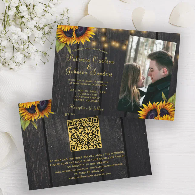 Rustic sunflower QR code photo wedding Invitation | Zazzle
