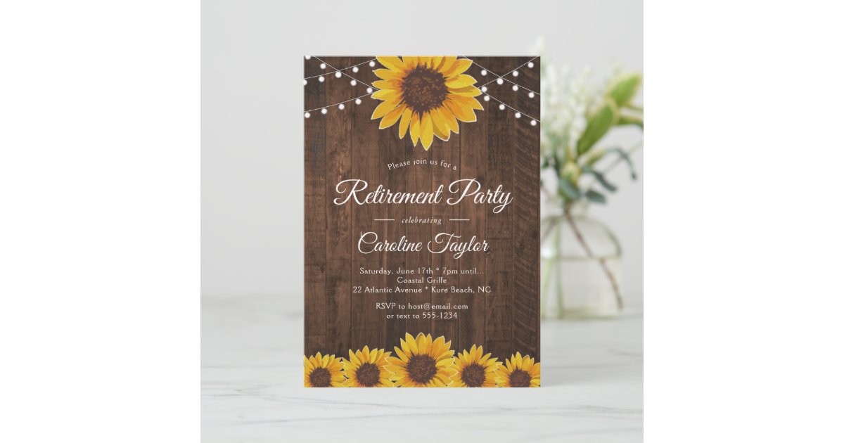 Rustic Sunflower Retirement Party String Lights Invitation | Zazzle
