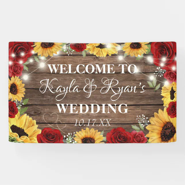 Rustic Sunflower Rose Wood Background Wedding Banner | Zazzle