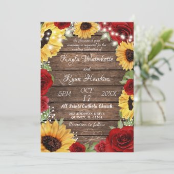 Rustic Sunflower Rose Wood Background Wedding Invitation | Zazzle