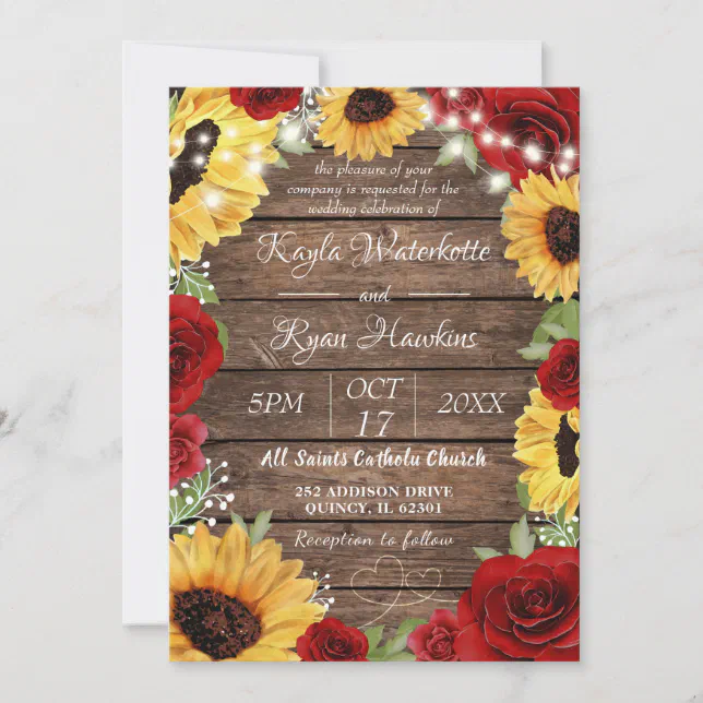 Rustic Sunflower Rose Wood Background Wedding Invitation | Zazzle