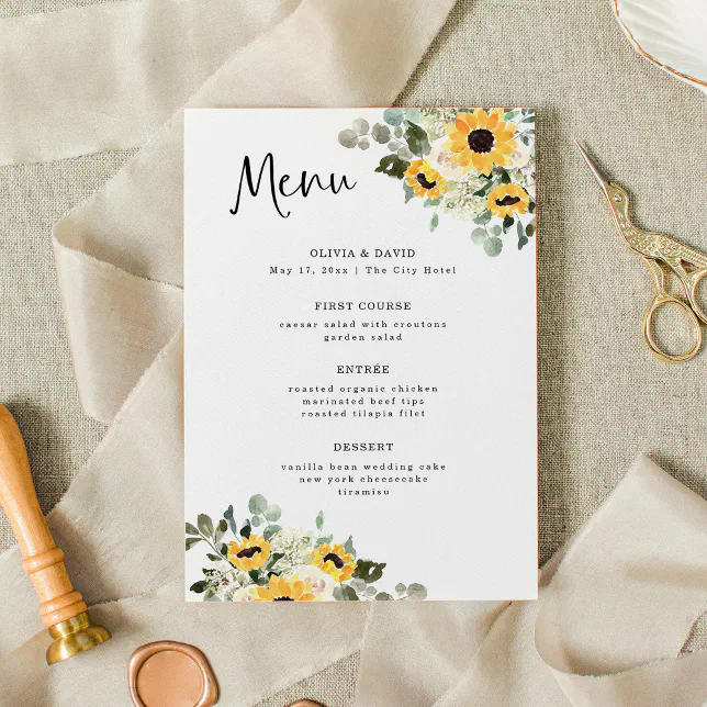 Rustic Sunflower | Simple Watercolor Wedding Menu | Zazzle