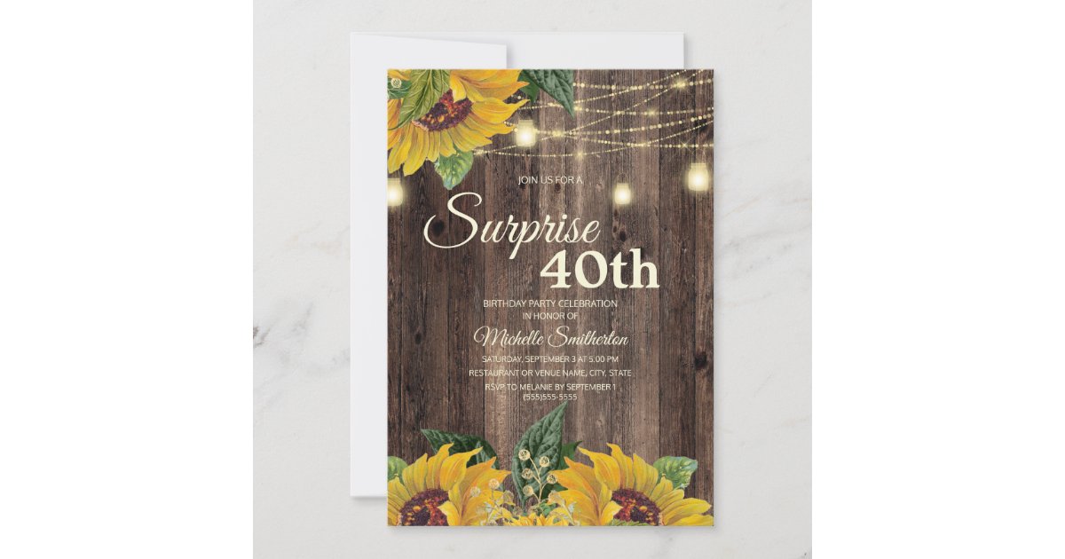 Rustic Sunflower String Light Surprise 40th Invitation | Zazzle