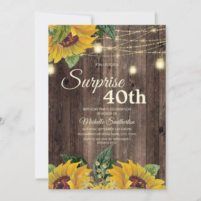 Rustic Sunflower String Light Surprise 40th Invitation | Zazzle