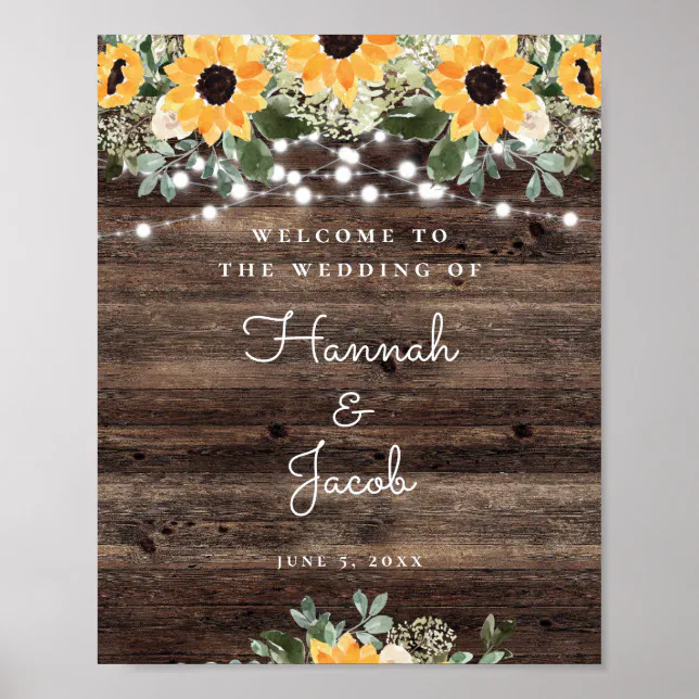 Rustic Sunflower String Light Wedding Welcome Poster | Zazzle