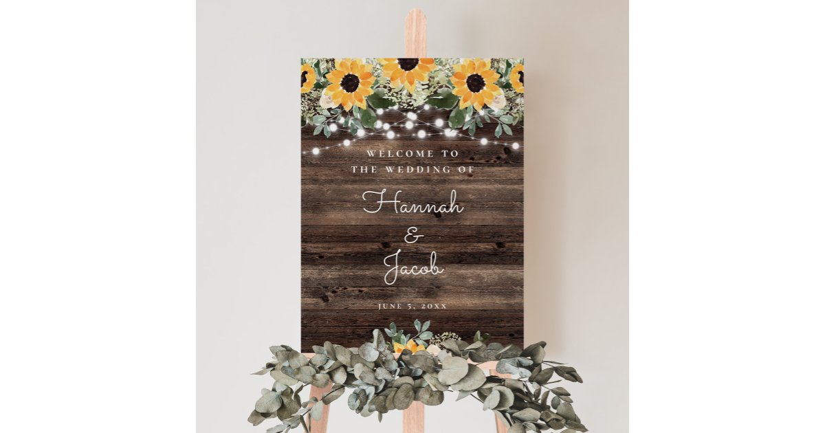 Rustic Sunflower String Light Wedding Welcome Sign | Zazzle