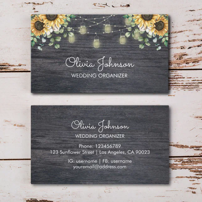 Rustic Sunflower String Light Wooden Business Card | Zazzle