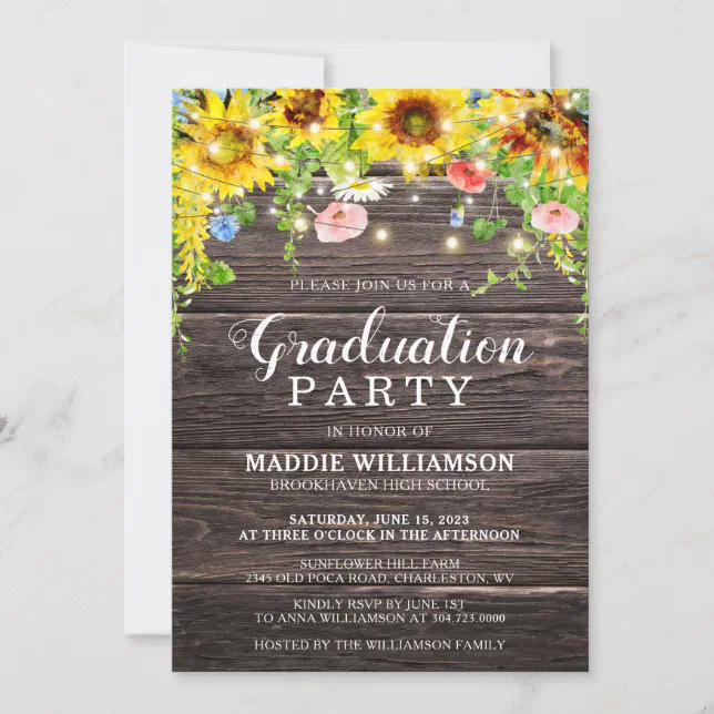 Rustic Sunflower String Lights Graduation Invitation | Zazzle