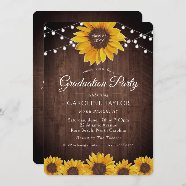 Rustic Sunflower String Lights Graduation Party Invitation | Zazzle