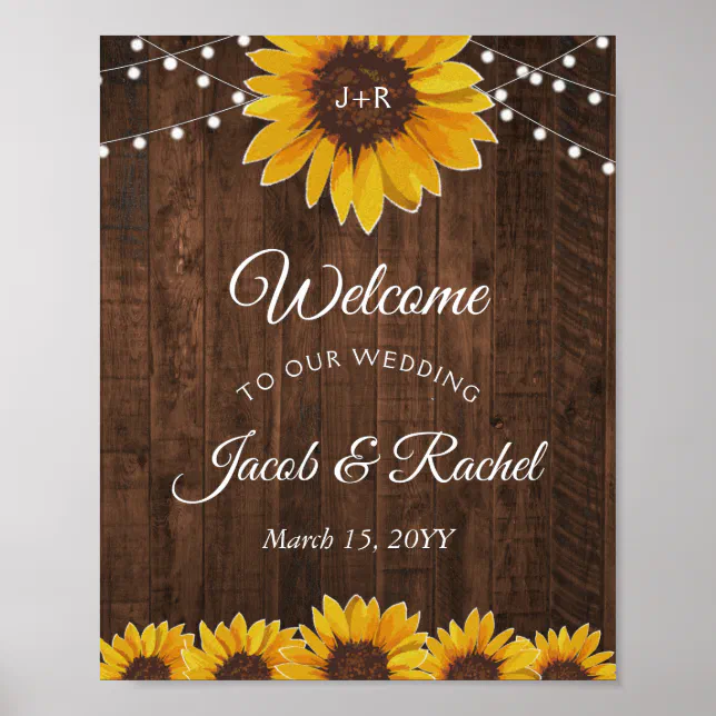 Rustic Sunflower String Lights Welcome Wedding Poster | Zazzle