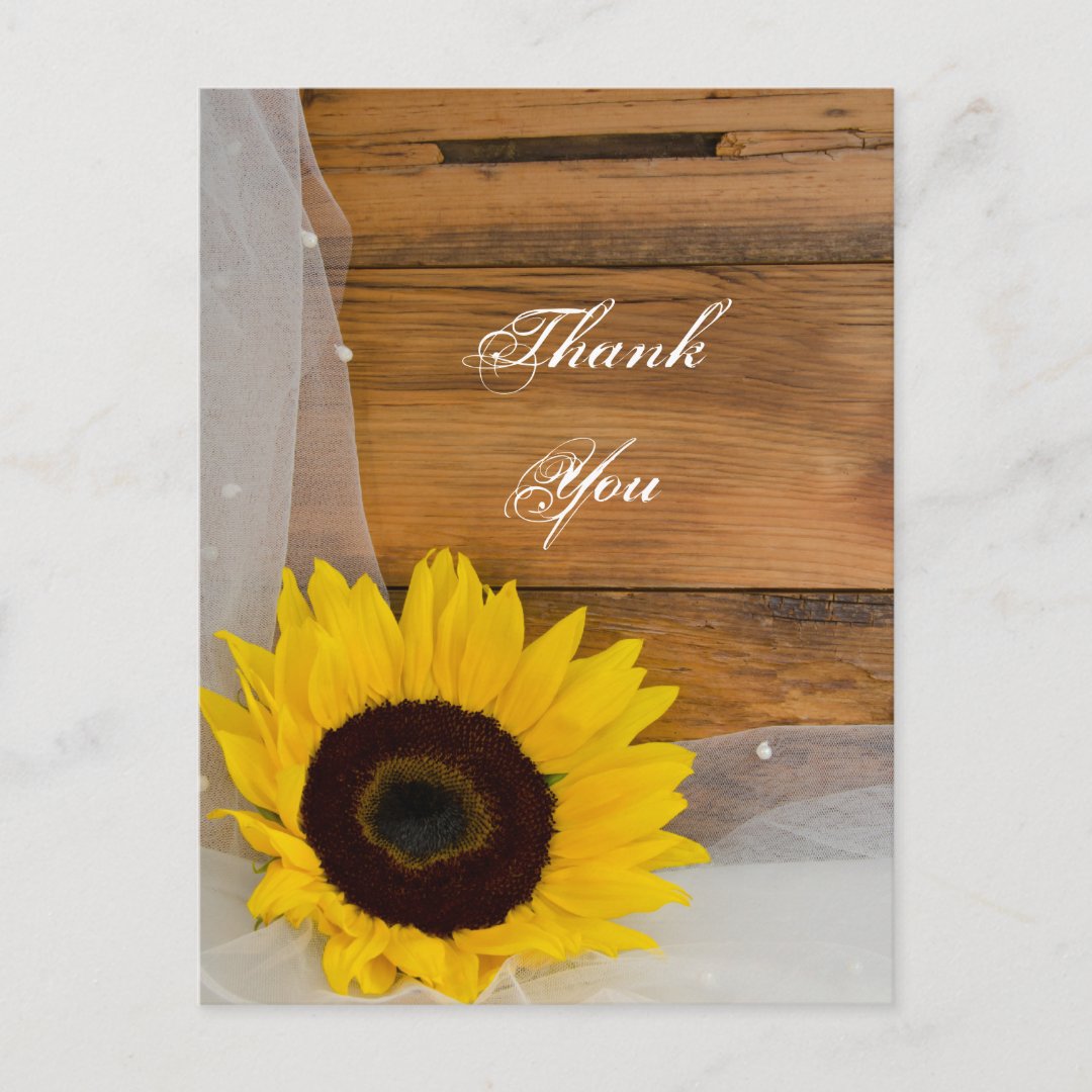Rustic Sunflower Veil Country Wedding Thank You Postcard | Zazzle